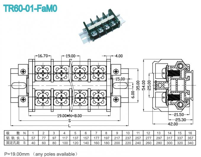 600V 60A Din Rail Mounted Terminal Blocks , 14.00mm Electrical Screw ... 600V 60A Din Rail Mounted Terminal Blocks , 14.00mm Electrical Screw ...