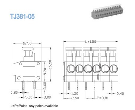 3.81mm Grey PCB Spring Clamp Terminal blocks , Screwless terminals 300V ...