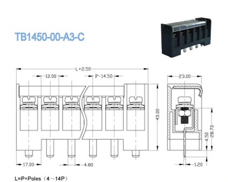 600V 40A Single Level Barrier Terminal Block Pitch 14.5mm , 4P - 14P