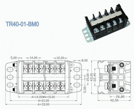 Electric Power High Current Terminal Block Pitch 14.00mm 40A 2Pin - 28Pin