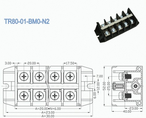 Black High Current Power Terminal Block Pitch 20.00mm 600V 80A For Rail ...