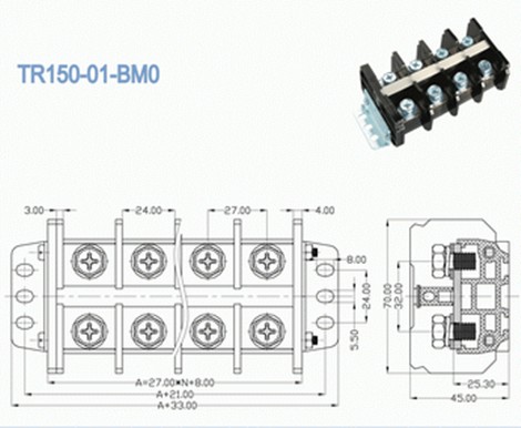 Pitch 27.00mm Barrier High Current Terminal Block Connectors 600V 150A