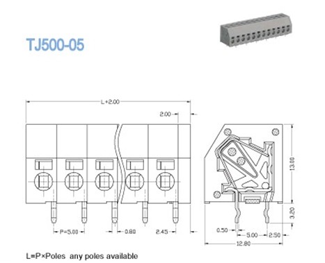 300V 10A Grey PCB Screwless Terminal Blocks 5.00mm Pitch , Right Angle ...