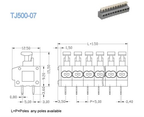 5.00mm Pitch PCB Spring Terminal Blocks , 300V 10A 2P - 24P Screwless ...