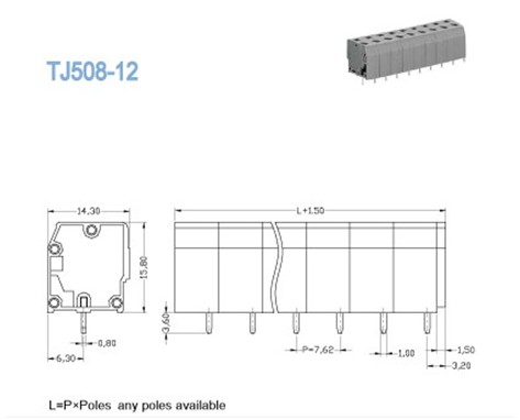 300V 12A 2P - 16P Screwless Terminal Block , 7.62mm Spring Clamp ...