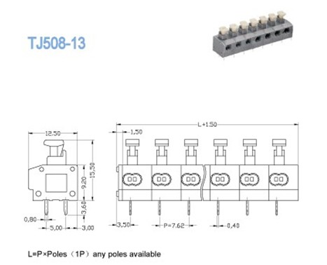 Single Deck Screwless PCB Spring Clamp Terminal Block , Pitch 7.62mm ...