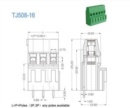 300V 10 Amp PCB Terminal Block , Pitch 5.08mm Power Wire Terminals Block