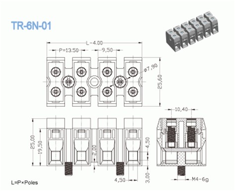 600V 50A Electrical Panel Mount Terminal Block Pitch 13.50mm , Double ...