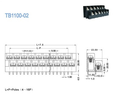 Pitch 11.0mm Barrier Type Electrical Power Terminal Blocks 4*2P - 16*2P 300V 30A