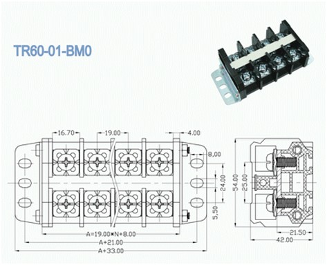 600V 60A 19.00mm Electrical Terminal Blocks , High Current Barrier Terminal Block