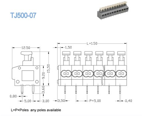Screwless Stainless Steel Spring Terminal Block PCB 5.0mm Pitch