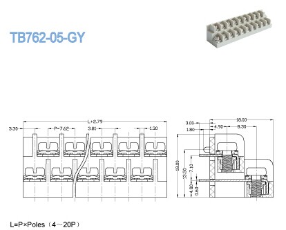 2 Way Power Barrier Terminal Block Double Levels Pitch 7.62mm 15A 300V