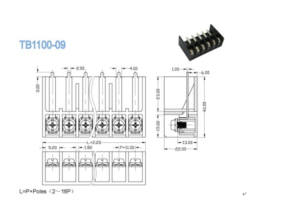 Barrier Terminal block Pitch 11.00mm 600V 30A 2 - 18P power terminal block
