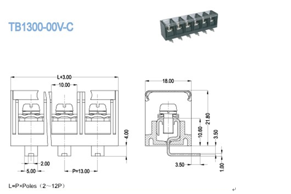 Pitch 13.00mm 600V 40A 2 - 12P Barrier Terminal Block Power Terminal Block
