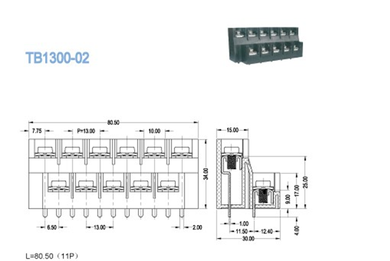 Barrier Terminal Block Pitch 13.00mm 600V 40A 11x2P Power Terminal Block