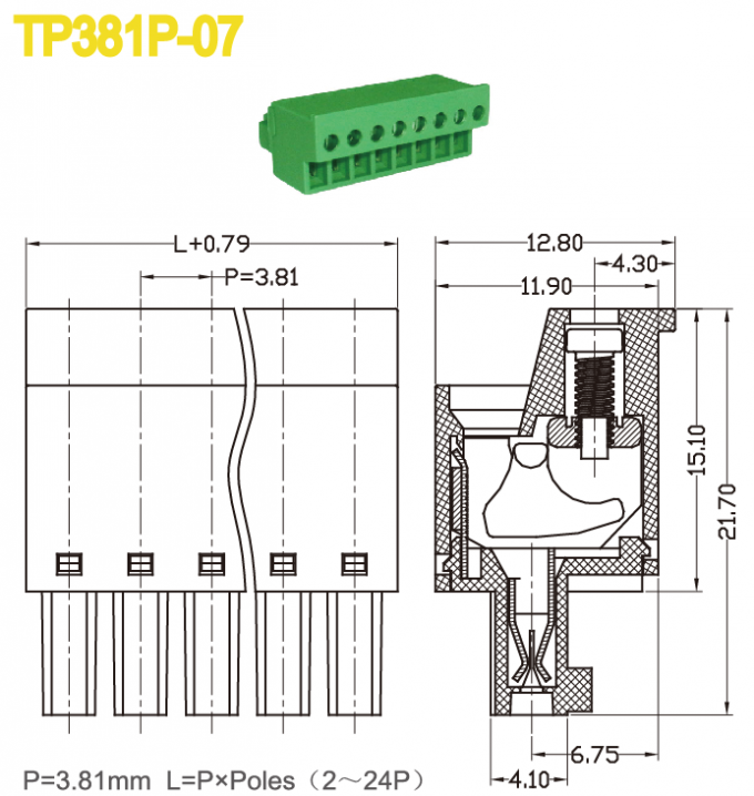 Plug - in Terminal Blocks Plug Female Sockets Pitch 3.81mm 2P-22P 300V 8A
