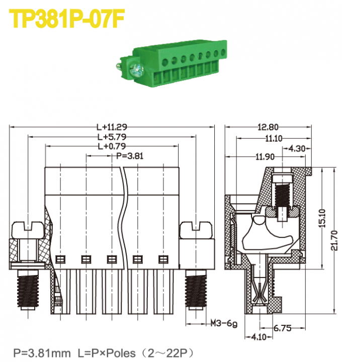 Plug - in Terminal Block Pitch 3.81mm 300V 8A 2P - 22P Plug Female Sockets