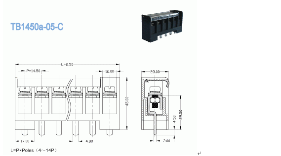 Pitch 14.50mm 600V 57A 4 - 14P Barrier Terminal Block Power Terminal Block