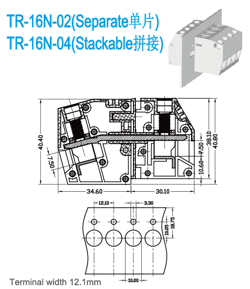 Pitch 12.1mm Wall Electric Terminal Block Small Electronic Component