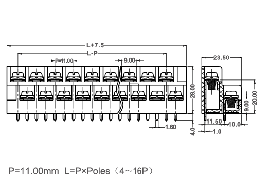 Plastic PA66 Brass 20A Barrier Terminal Block Pitch 11mm Two Levels