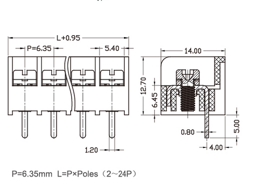 PBT Barrier Terminal Block 6.35mm Pitch 300V 15A Brass UL94 V0