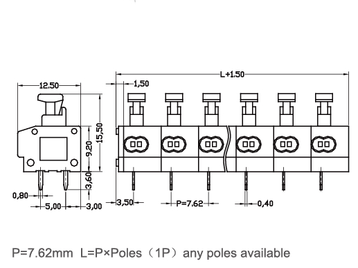 7.62mm Center Spacing Screwless Terminal Block Grey Spring Brass 7.62mm Center Spacing Screwless Terminal Block Grey Spring Brass