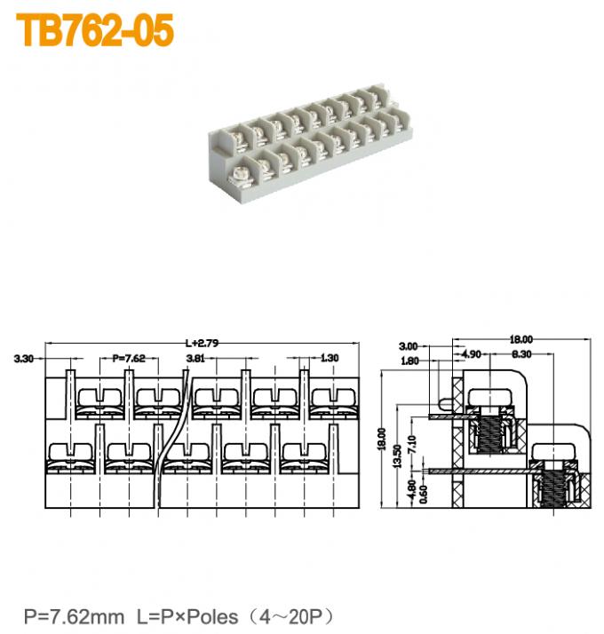 Steel / M3 Screw 7.62mm Screw Terminal Block With Pins 300V 15A