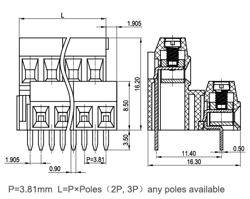 Right Angle Wire Inlet Terminal Block PCB Pitch 3.81mm 300v 10A 2P - 28P