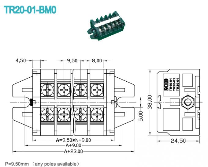PCB Panel Mounted Terminal Block 2P - 24P High Voltage 600V 20A