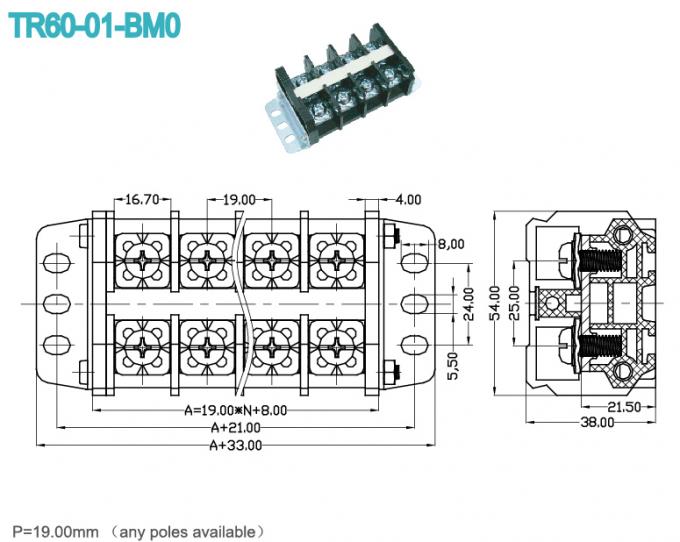 PC M5 Panel Mount Screw Terminal Pitch 19.00mm 60 Amp Din Rail Terminal ...