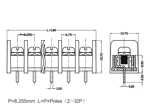 M3 Screw 8.255mm Pitch Barrier Terminal Block 2-32 Poles 300V / 20A