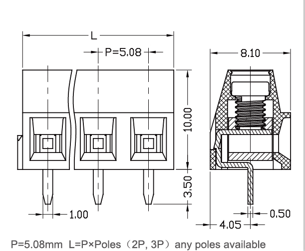300V 10A 5.08mm Spacing Terminal Block Connector for PCB with M3 Screw ...