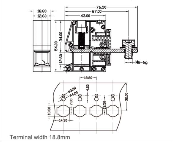 150A Feed Through Terminal Blocks 600V 6-1/0 AWG M6 Screw 18.8mm ...