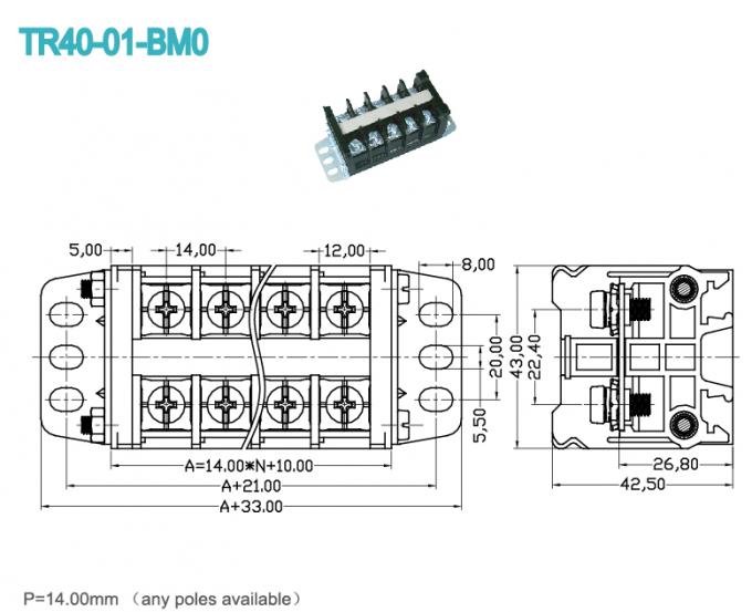 600V High Current Terminal Block 14.00mm 40A , Brass Screw Clamp ...
