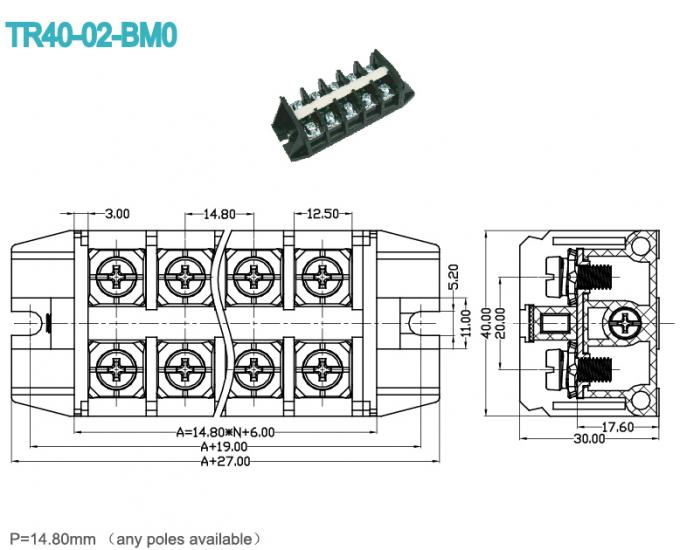 40A High Current Terminal Block 14.80mm Din Rail PCB Panel Mount ...