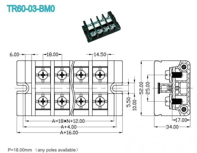 High Current Terminal Connector Block 18.0mm 600V Black PC Screw Mount ...