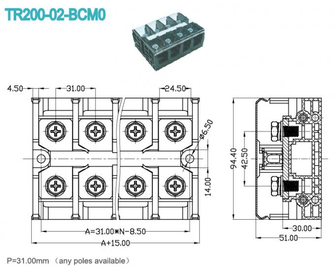 Electrical Connectors High Current Terminal Block 31MM Pitch 600V 200amp