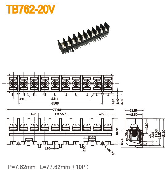 Long Single Pin Connector 300V Barrier Terminal Block Electrical 7.62mm ...