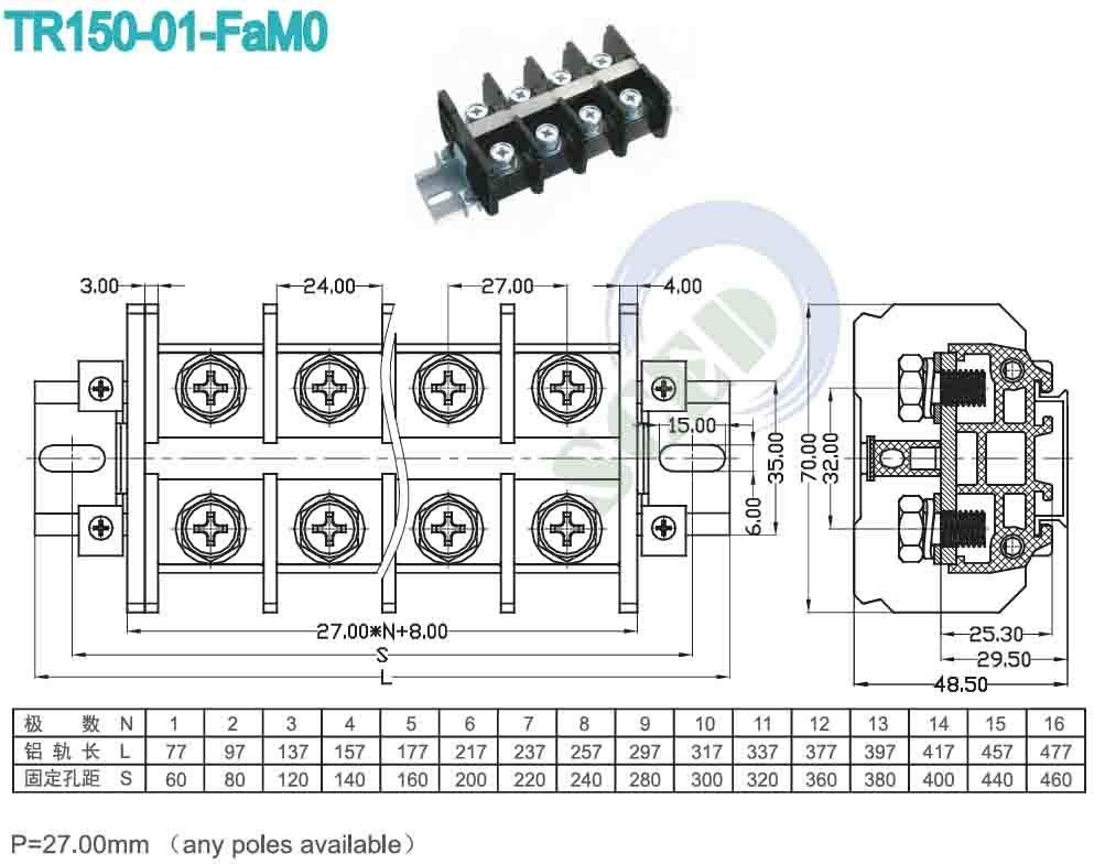 27.00mm 600V 150A 60mm² Any Poles Available High Current Terminal Block ...